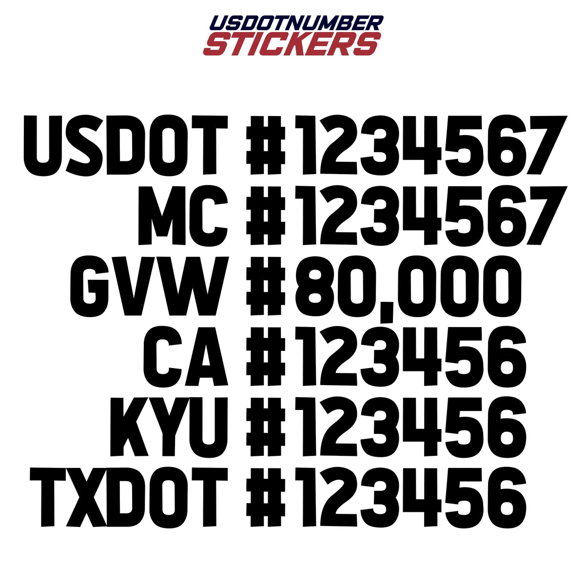 US DOT, MC, GVW, CA, KYU & TXDOT Number Decal Sticker (Set of 2 ...
